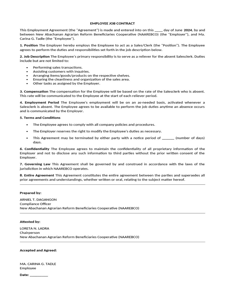 Employee Job Contract - Reliever | PDF