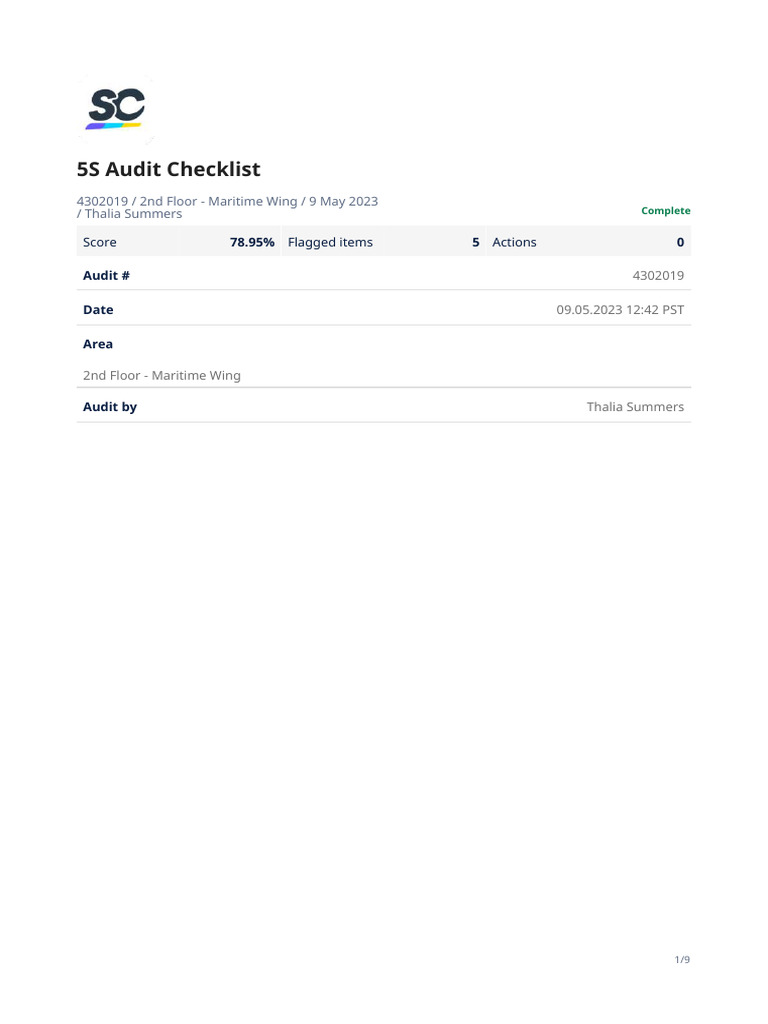 5S Audit Checklist Sample PDF Report | PDF