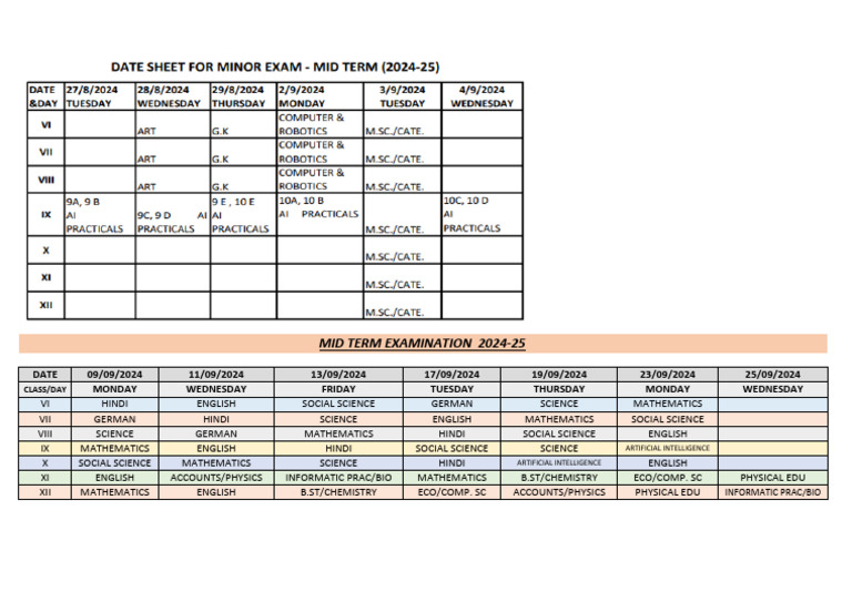 Mid Term Exam Schedule 2024-25 | PDF