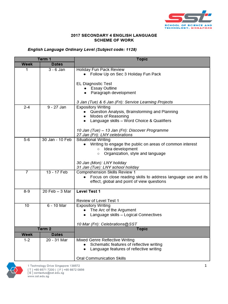 2017 S4 English Language SOW Parents | PDF