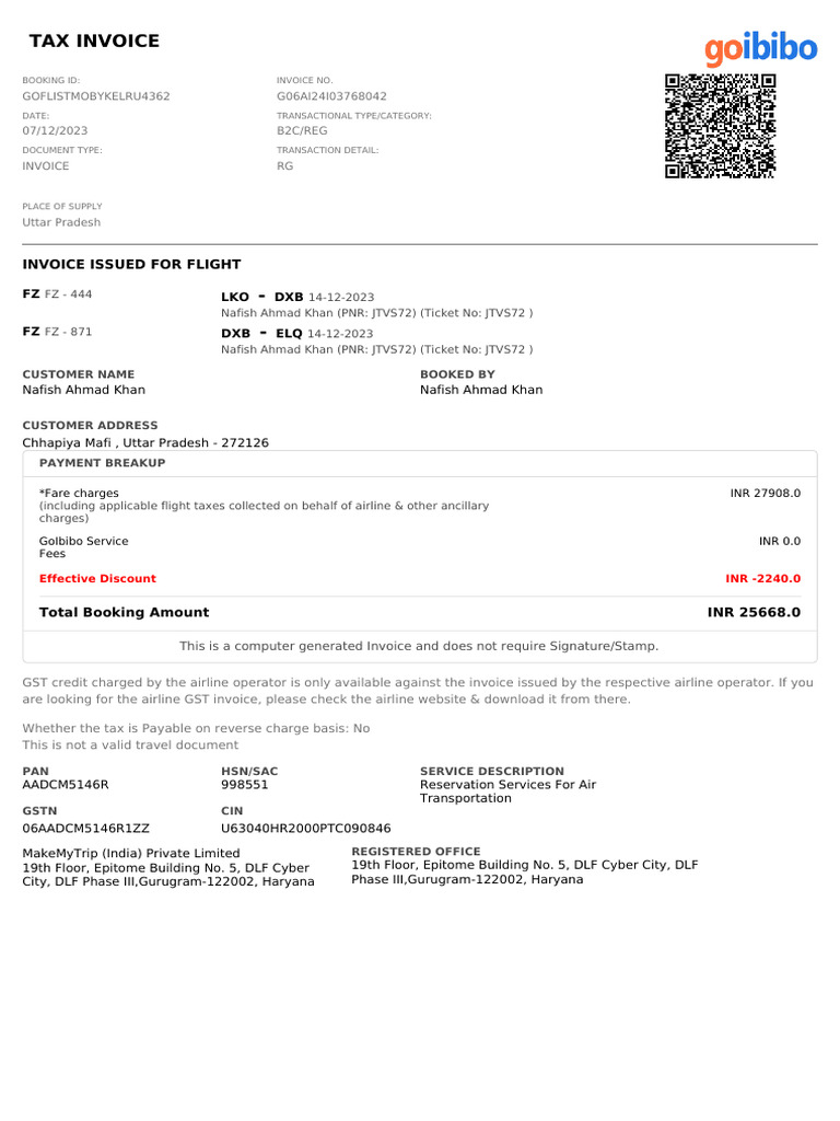 Booking Invoice G06ai24i03768042 | PDF