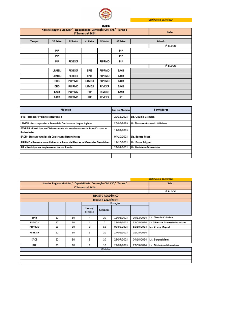 07-08-2024-Horario CV5 Semestre 2 - CORTE 1 CC3 | PDF