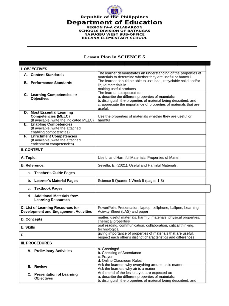 Science 5 Q1 Week 1 Lesson Exemplar | PDF
