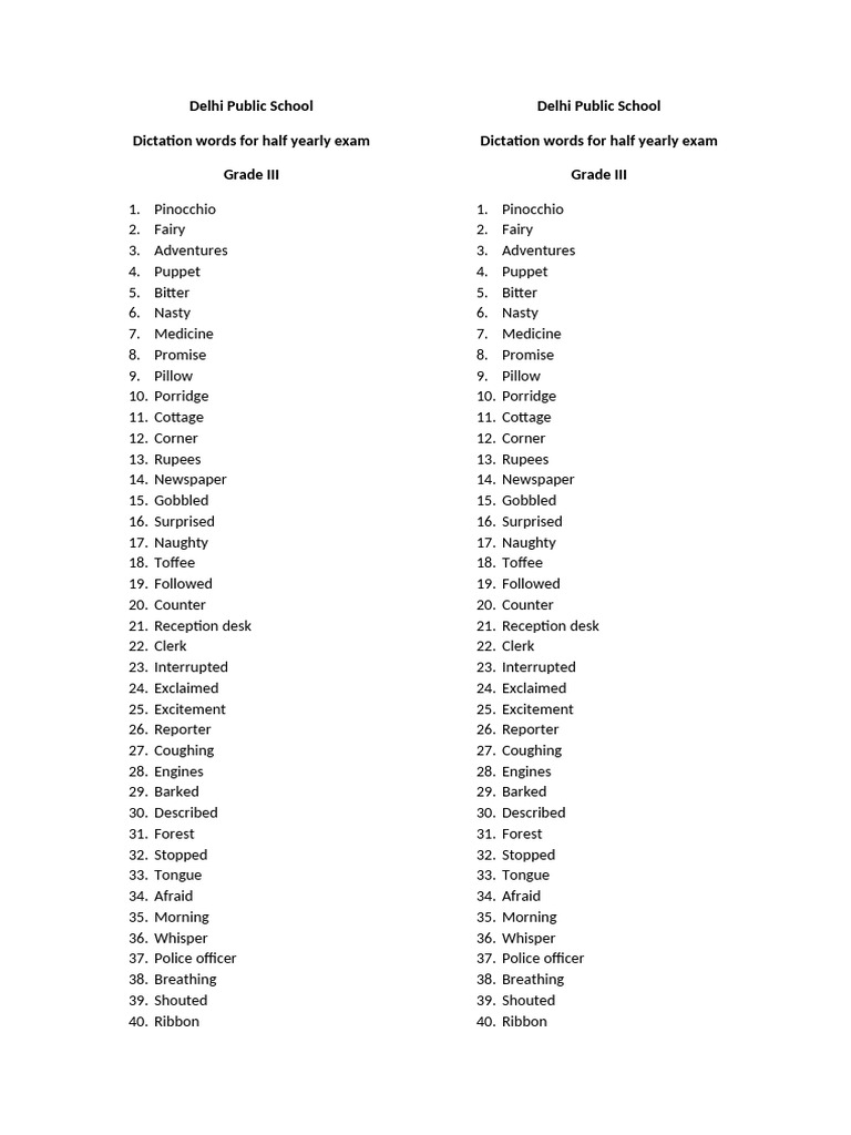 Dictation Words Grade 3 | PDF