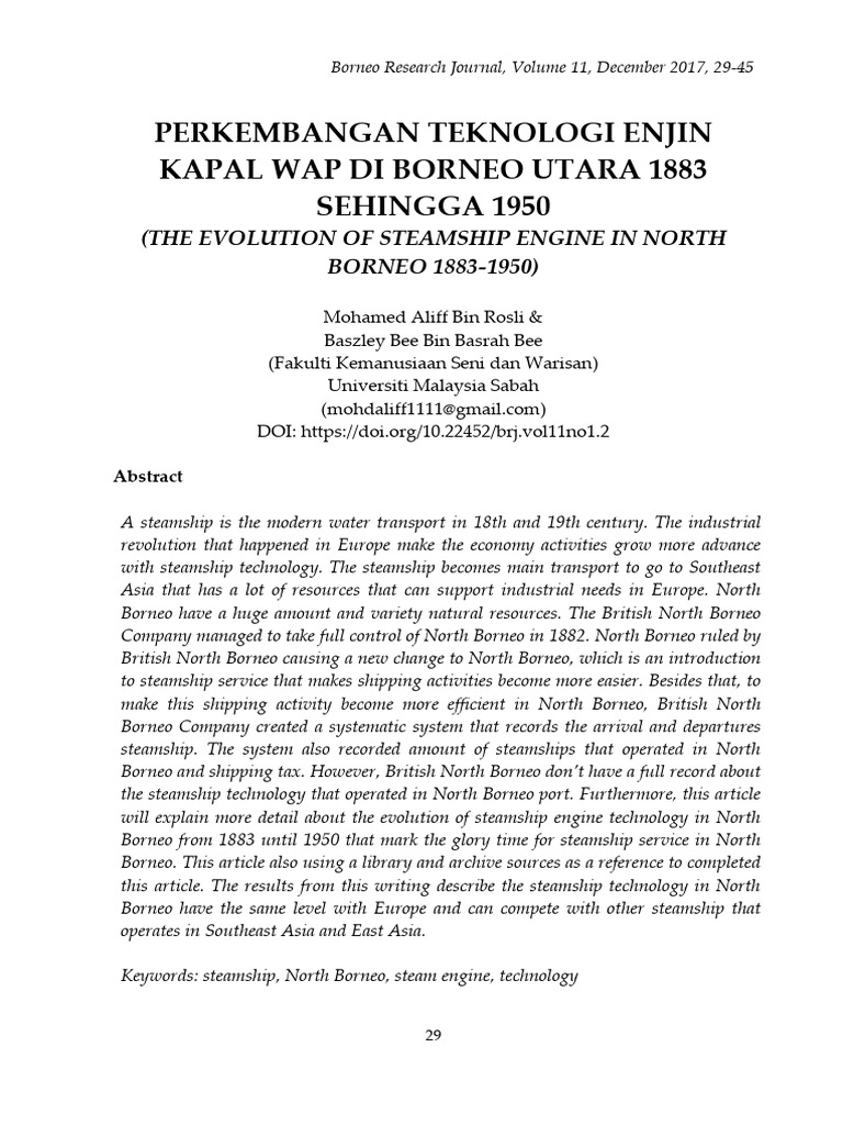 Perkembangan Teknologi Enjin Kapal Wap Di Borneo Utara 1883 Sehingga 1950 | PDF