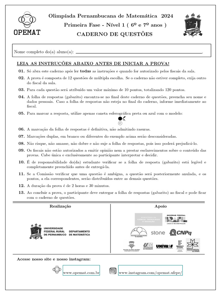 12-2024-Prova-Nivel1-Fase1 OPEMAT | PDF