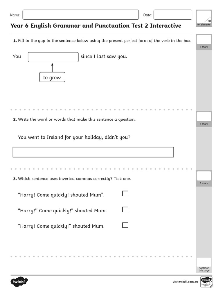 Year 6 English Grammar and Punctuation Test 2 Interactive | PDF