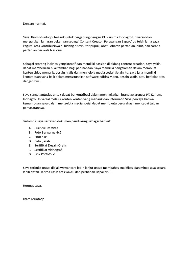 Lamaran PT Karisma Indoagri Universal | PDF