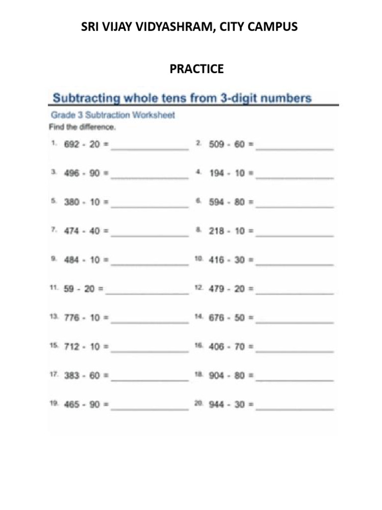 Subtracting Whole Tens Grade 4 | PDF
