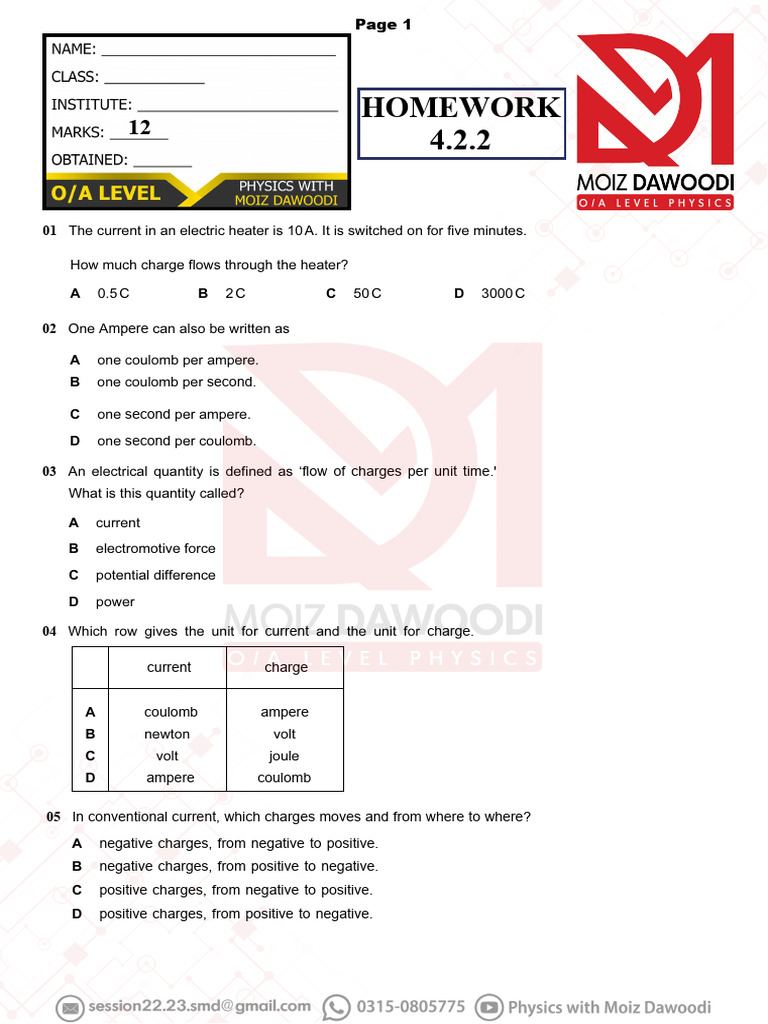 Homework 4.2.2: The Current in An Electric Heater Is 10 A. It Is ...