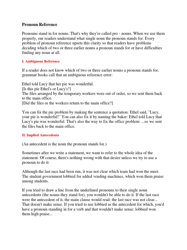 Pronoun Reference Pdf Pronoun Noun