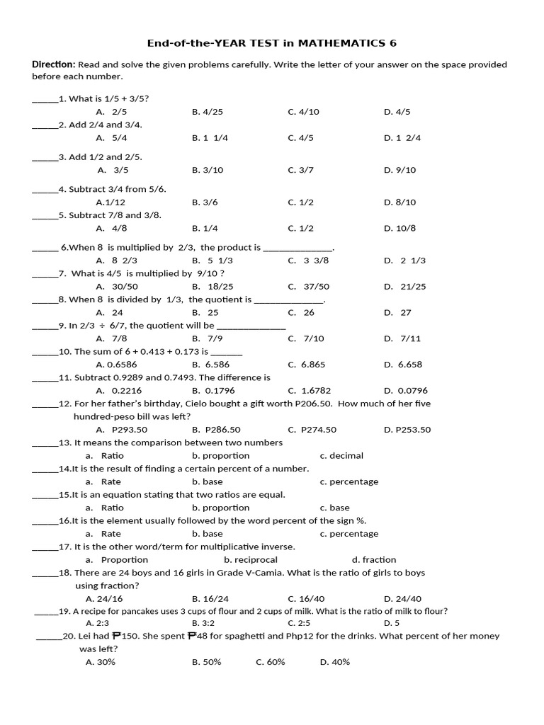 Pre-Test - Mathematics 6 | PDF