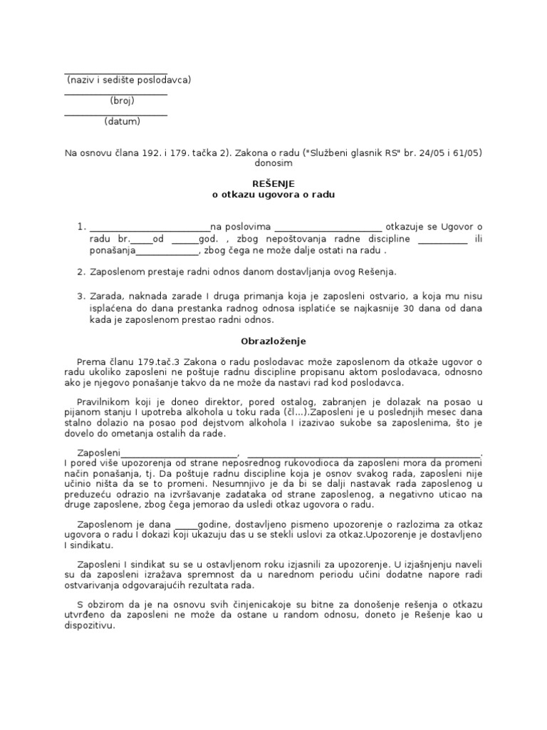Rešenje o Otkazu Ugovora o Radu Usled Nepoštovanja Radne Discipline ...