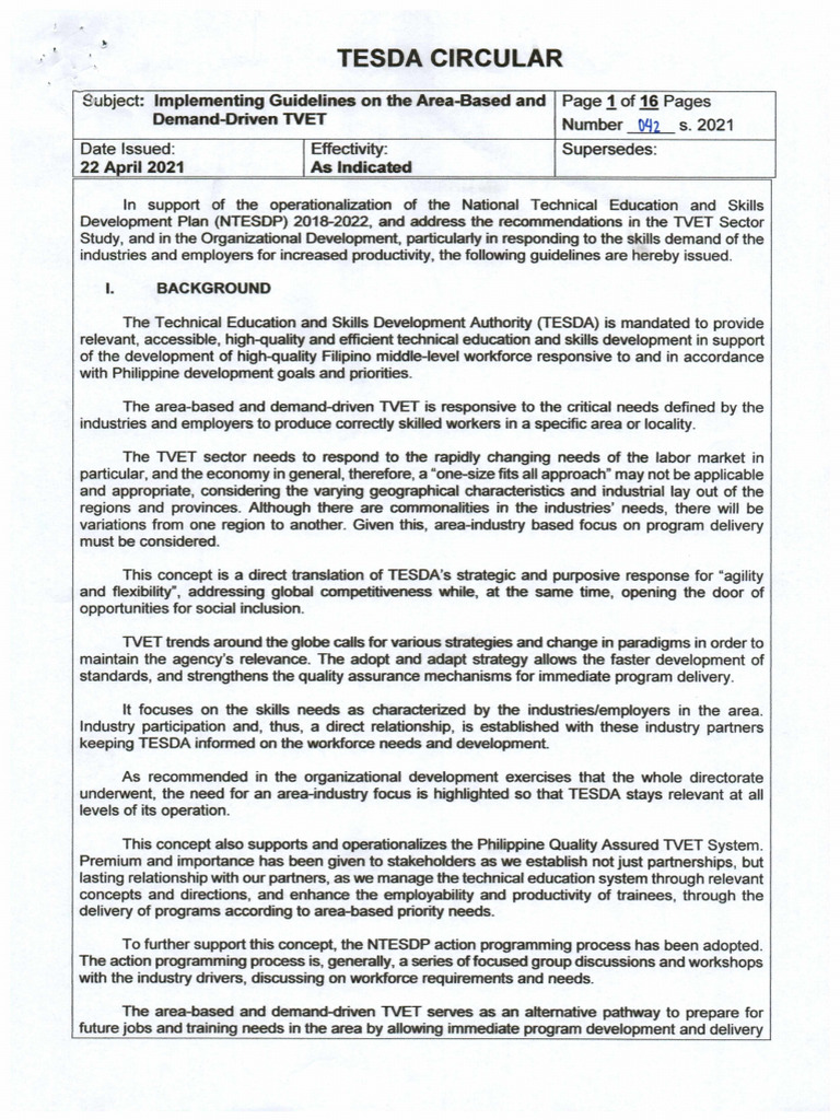 TESDA Circular No. 042-2021 | PDF