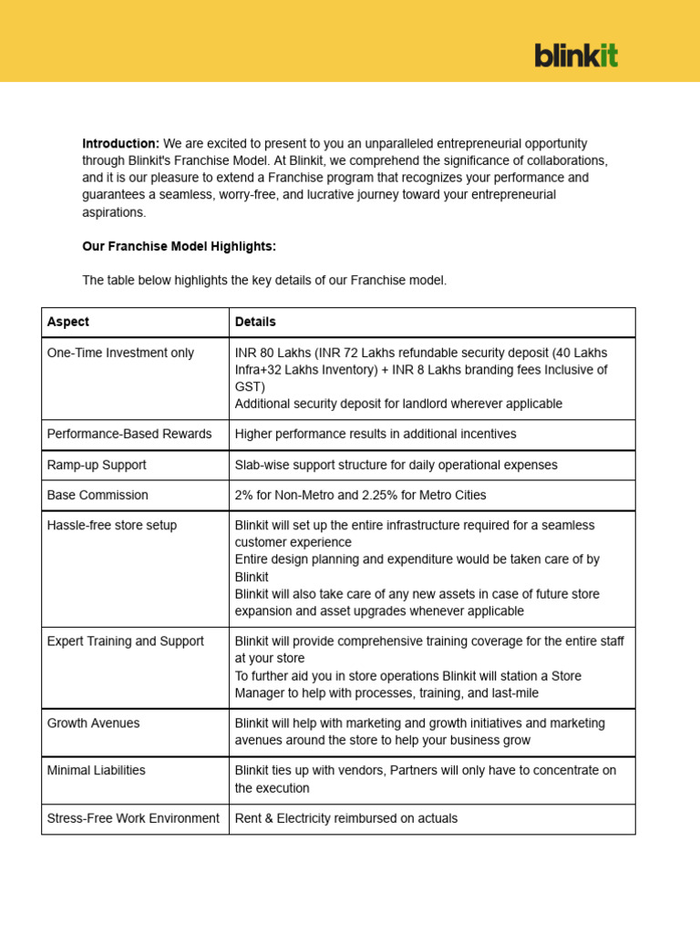 Blinkit Franchise Program | PDF