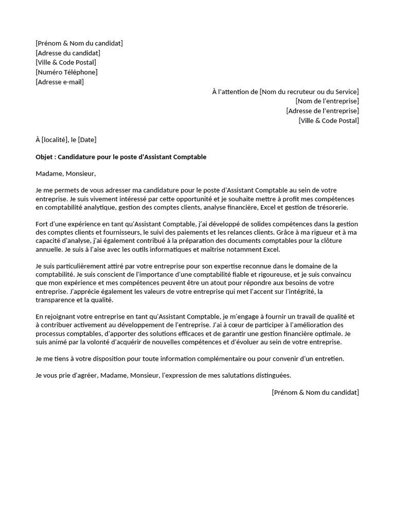 Exemple de Lettre de Motivation Assistant Comptable | PDF