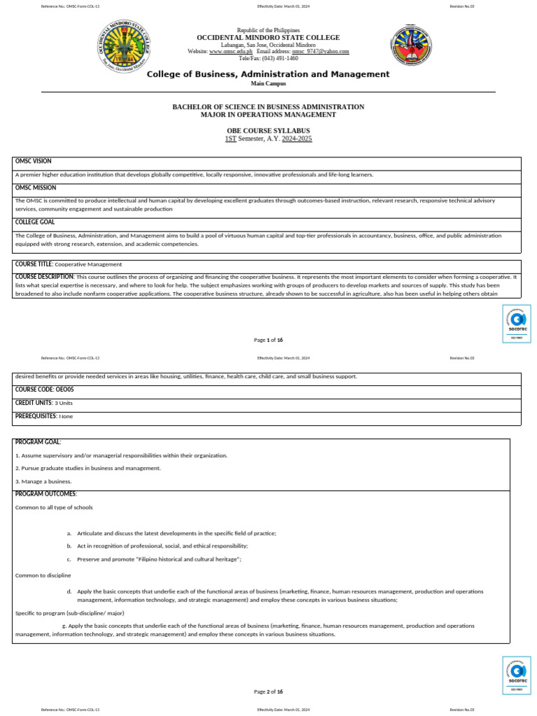 MALABAY Cooperative Management FIRST SEM 2024 2025 OM Syllabus | PDF