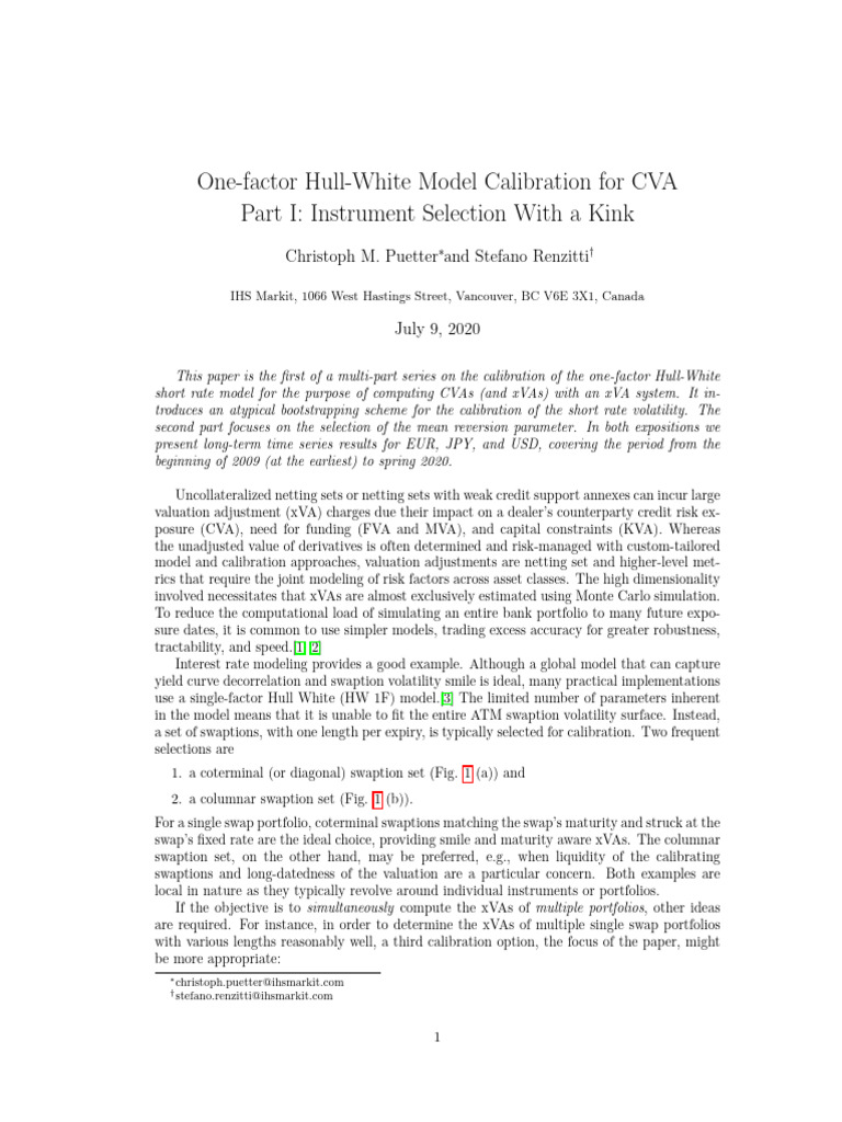 One-Factor Hull-White Model Calibration For CVA - Part I Instrument Selection With A Kink | PDF