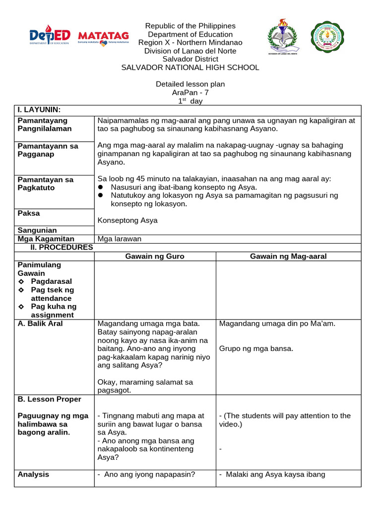 ARAPAN LESSON PLAN 1st DAY | PDF