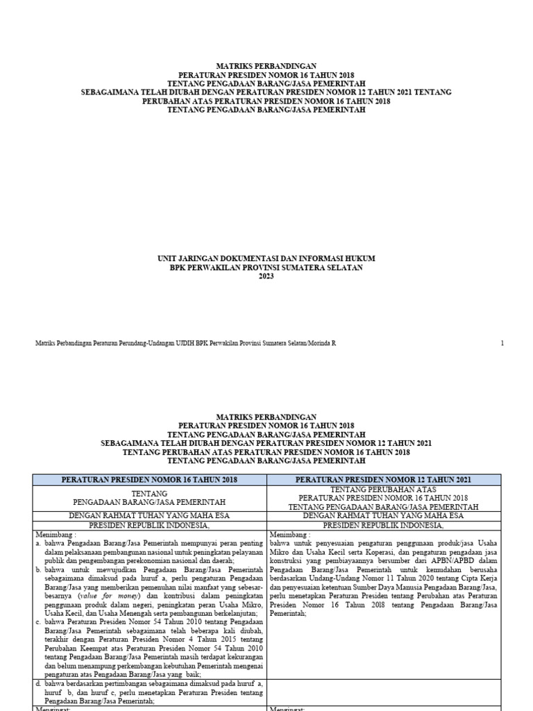 Matriks Perbandingan Perpres Nomor 16 Tahun 2018 Dan Perpres Nomor 12 ...