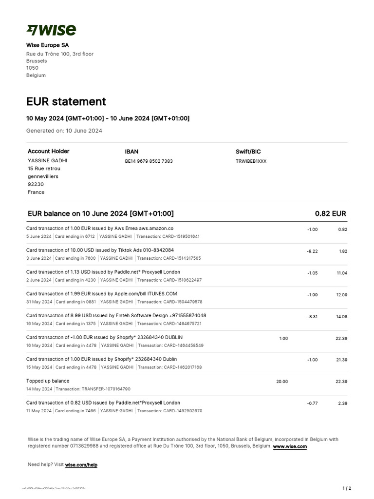 EUR Statement: 10 May 2024 (GMT+01:00) - 10 June 2024 (GMT+01:00) | PDF