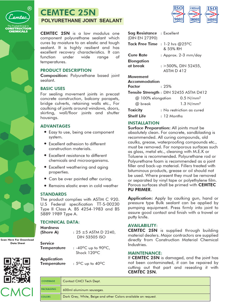 Cemtec 25N: Polyurethane Joint Sealant | PDF