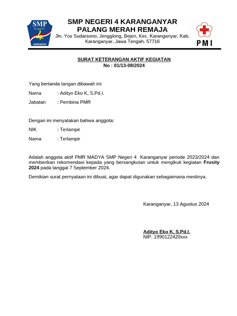 Surat Keterangan Aktif PMR | PDF