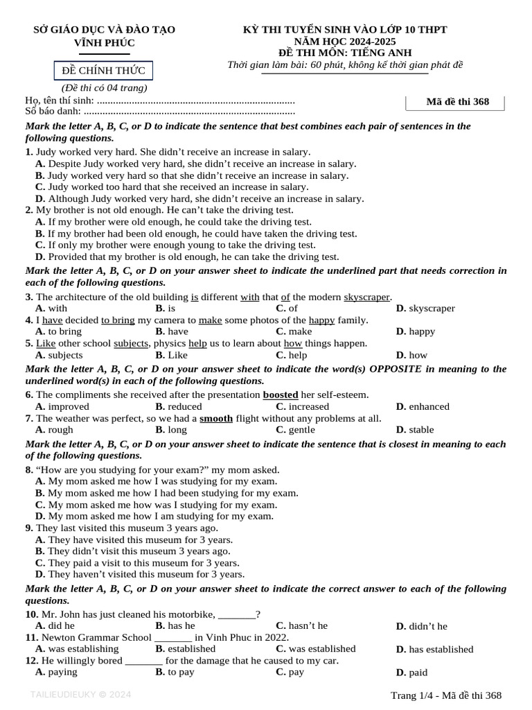 De Thi TS Tieng Anh Lop 10 Vinh Phuc 2024 | PDF