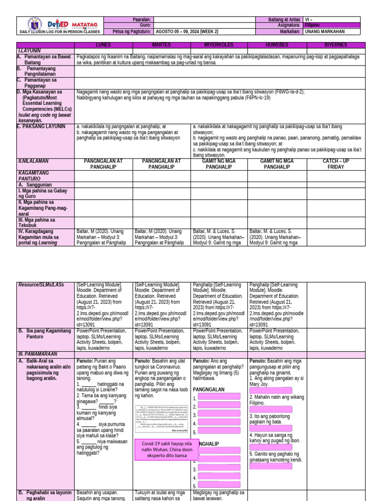 G6 Q1W2 DLL FILIPINO (MELCs) | PDF G6 Q1W2 DLL FILIPINO (MELCs) | PDF