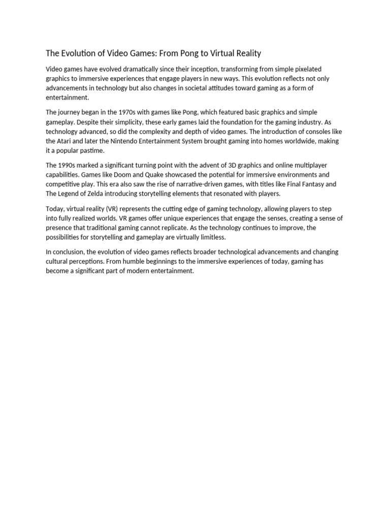 The Evolution of Video Games: From Pong To Virtual Reality | PDF