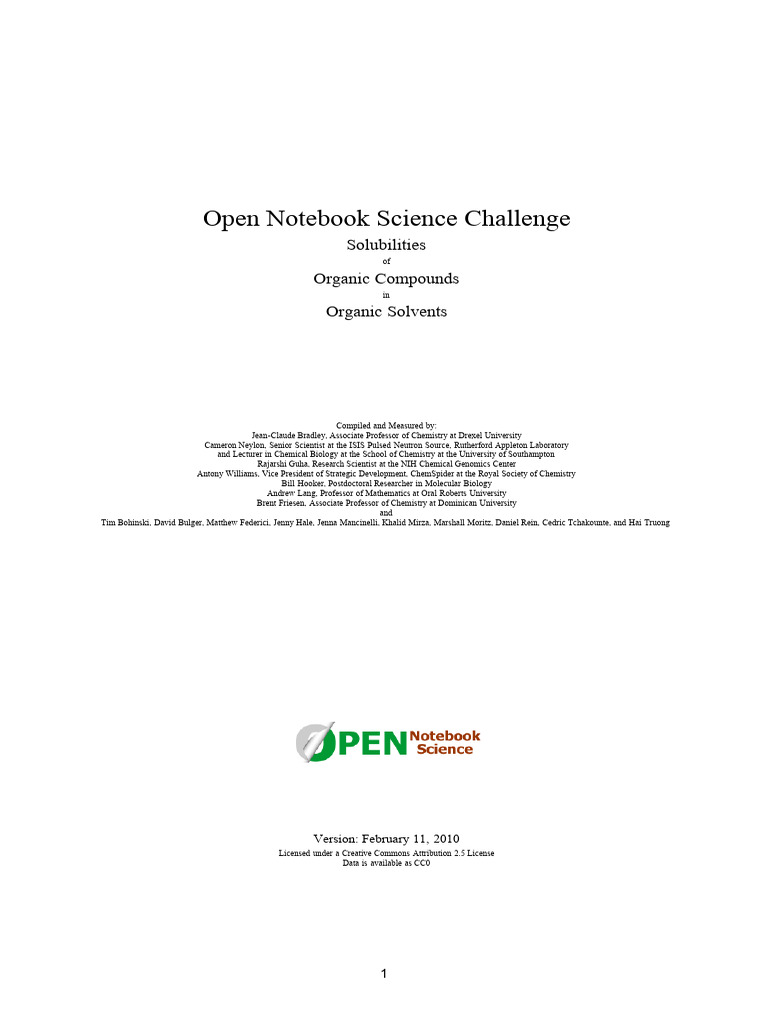 Open Notebook Science Challenge: Solubilities Organic Compounds Organic ...