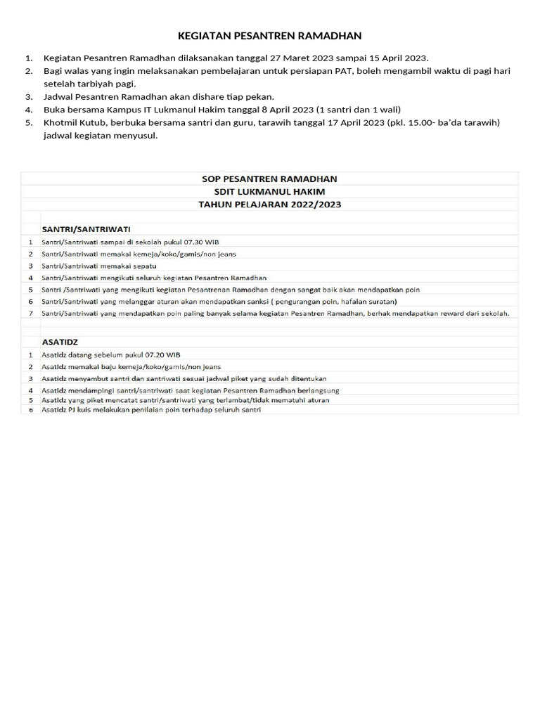 Kegiatan Pesantren Ramadhan | PDF