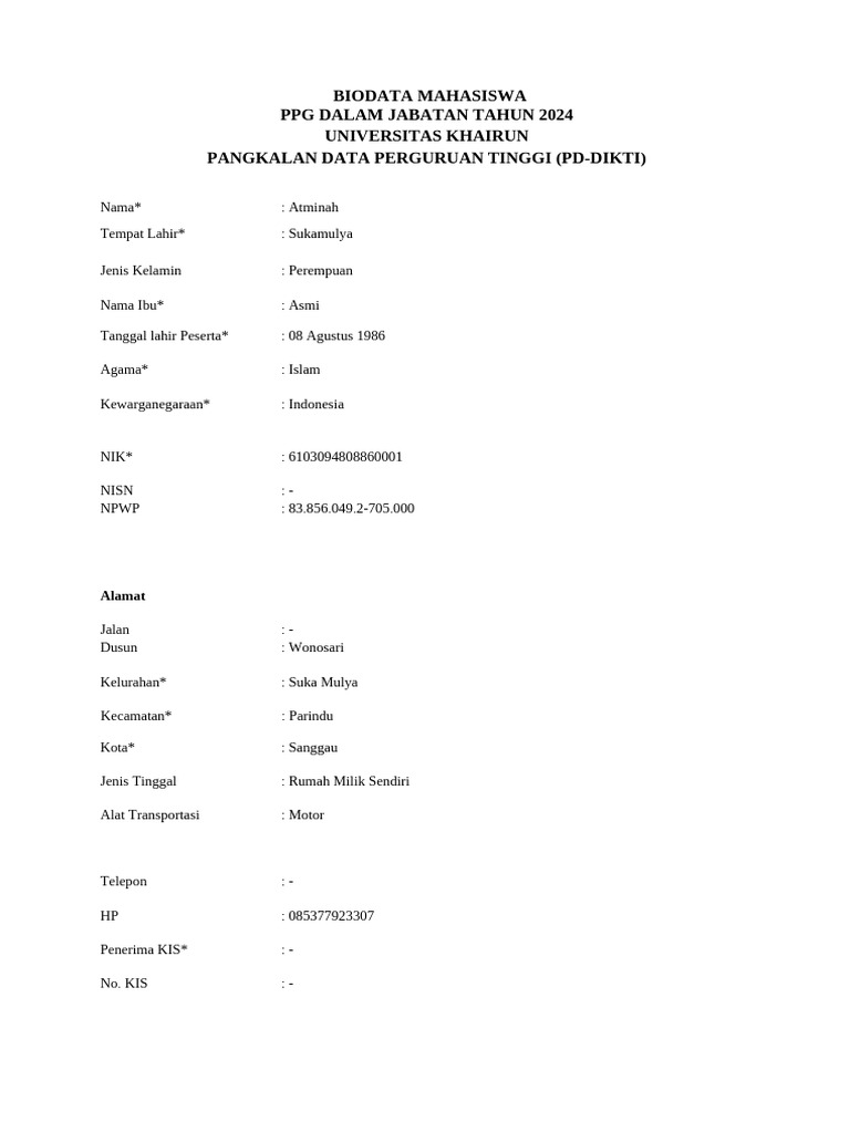 Format Biodata Pddikti PPG | PDF