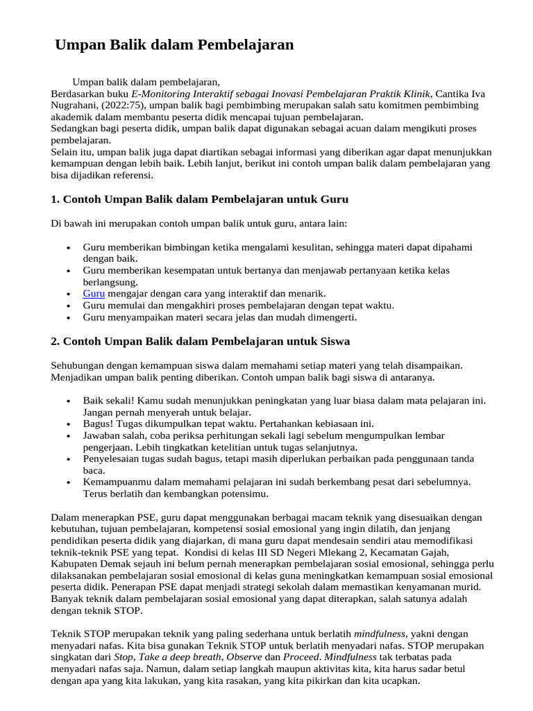 Contoh Umpan Balik Dalam Pembelajaran | PDF