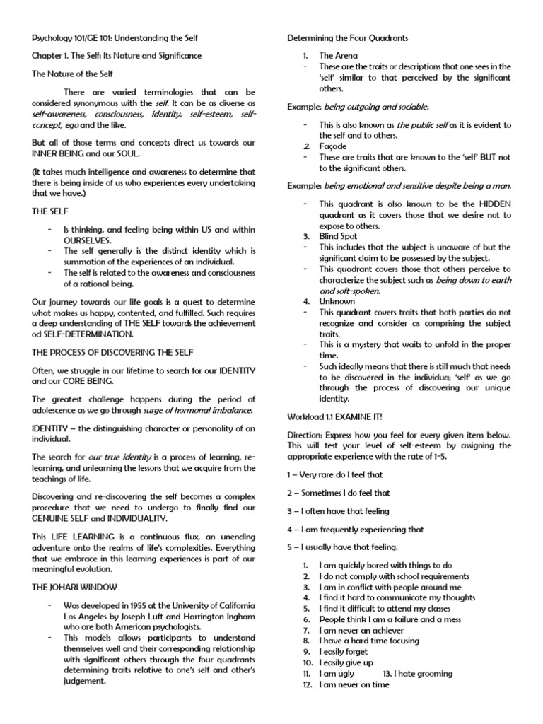 Psych. 101 Understanding The Self Chp. 1 | PDF