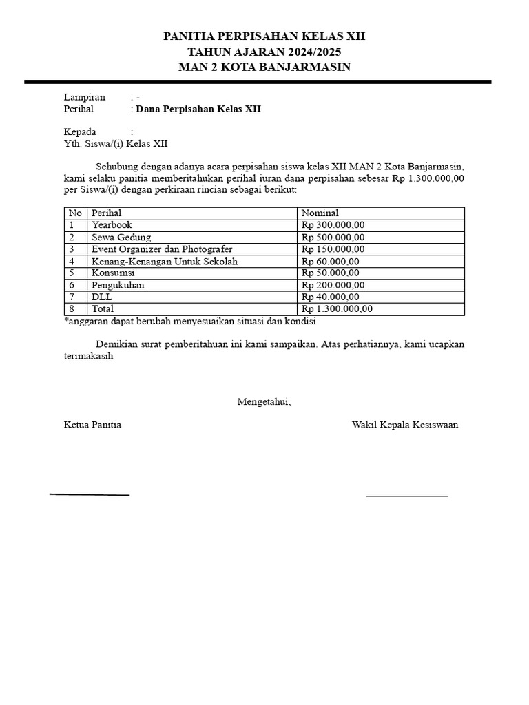 Surat Iuran Dana Siswa | PDF