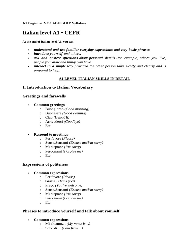 A1 Beginner Italian VOCABULARY Syllabus | PDF