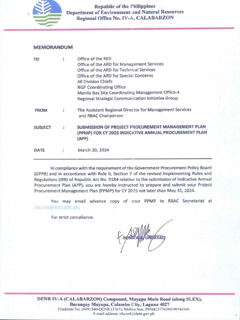 Memo - Submission of Project Procurement Mgt. Plan (PPMP) For Cy 2025 ...