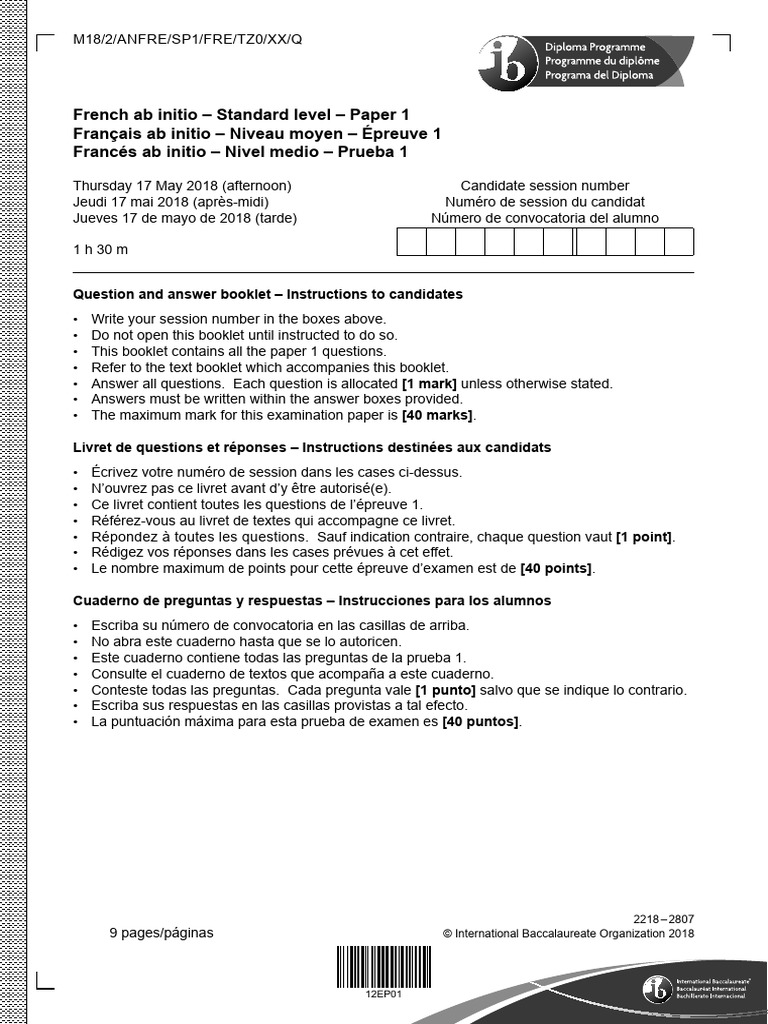 French Ab Initio Paper 1 Question Booklet SL French | PDF