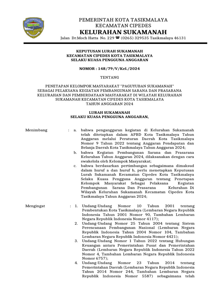 SK Lurah TTG Penetapan Panitia Pelaksana | PDF