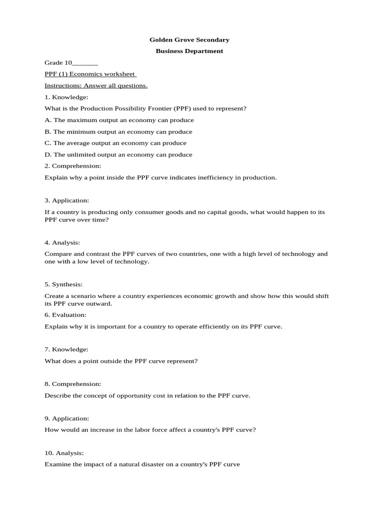 PPF (1) Economics Worksheet | PDF