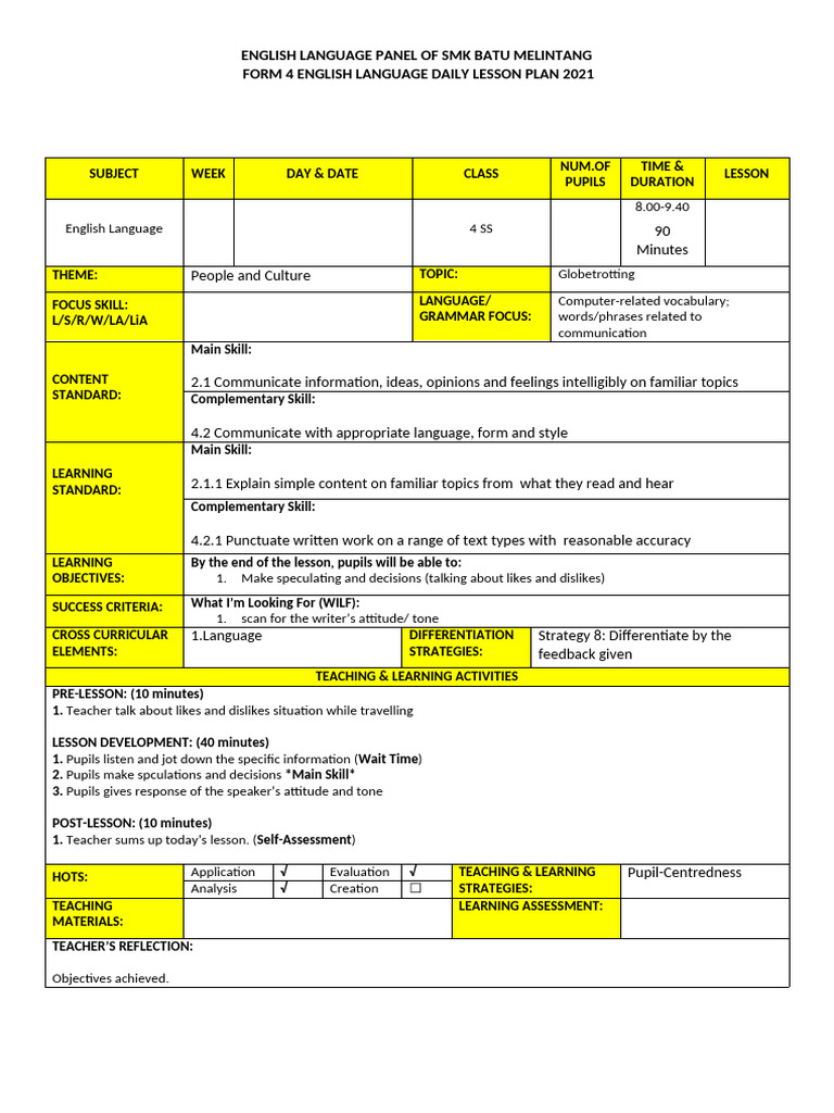 English Lesson Plan | PDF