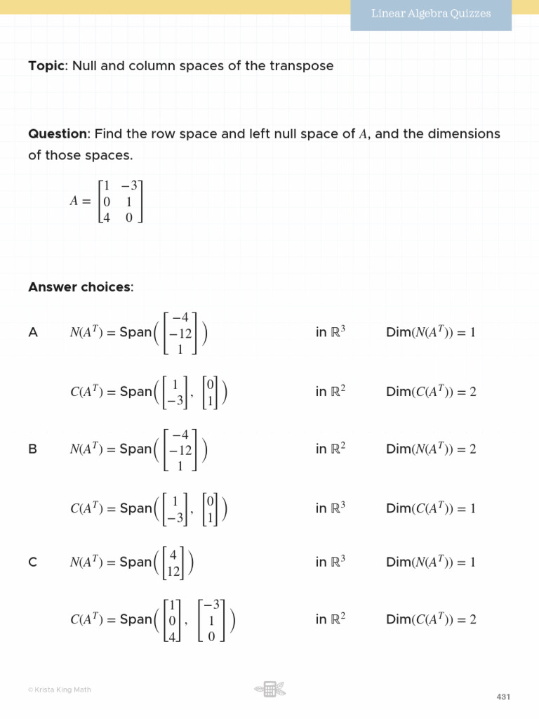 Null and Column Spaces of The Transpose (Quiz) PDF | PDF | Linear Subspace | Functions And Mappings