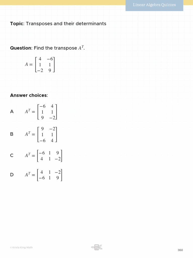 Transposes and Their Determinants (Quiz) PDF | PDF | Determinant | Matrix (Mathematics)