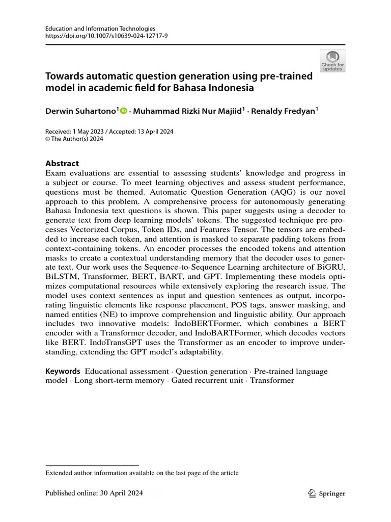 Towards Automatic Question Generation Using Pre-Trained Model in Academic Field For Bahasa ...