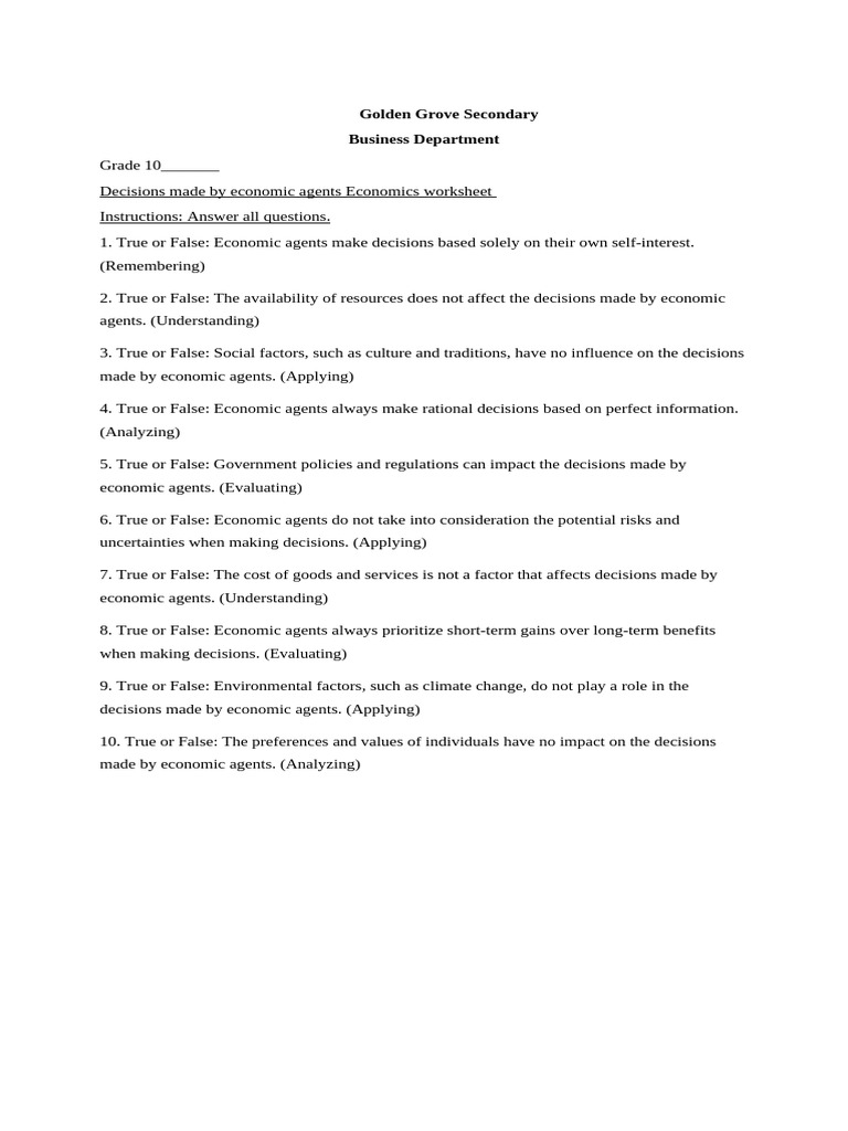 Decisions Made by Economic Agents Economics Worksheet | PDF