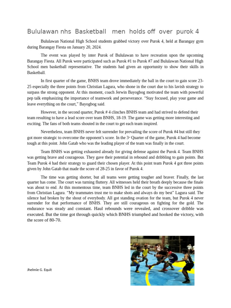 Bululawan Nhs Basketball Men Holds Off Over Purok 4 | PDF