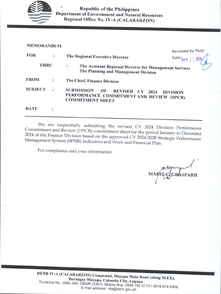 Memo - Submission of Revised Cy 2024 Division Performance Commitment ...