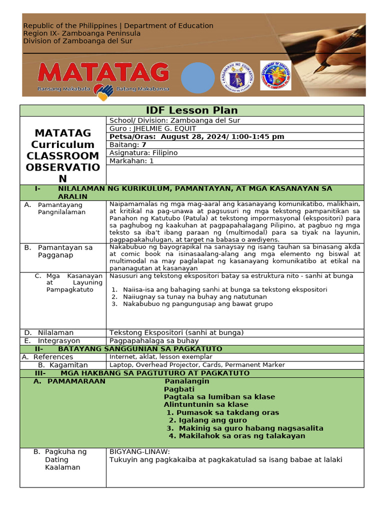 IDF Lesson Plan Matatag Curriculum Classroom Observatio N | PDF