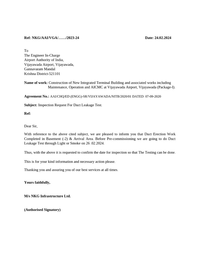 Letter For DUCT Leakage Test 24.02.2024 | PDF